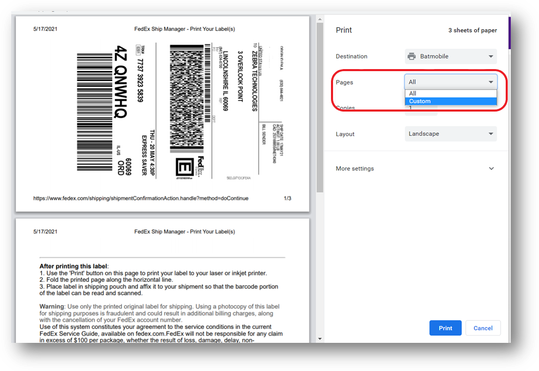 Printing 8.5”x 11” FedEx Sheets onto 4”x 6” Labels (Google Chrome ...