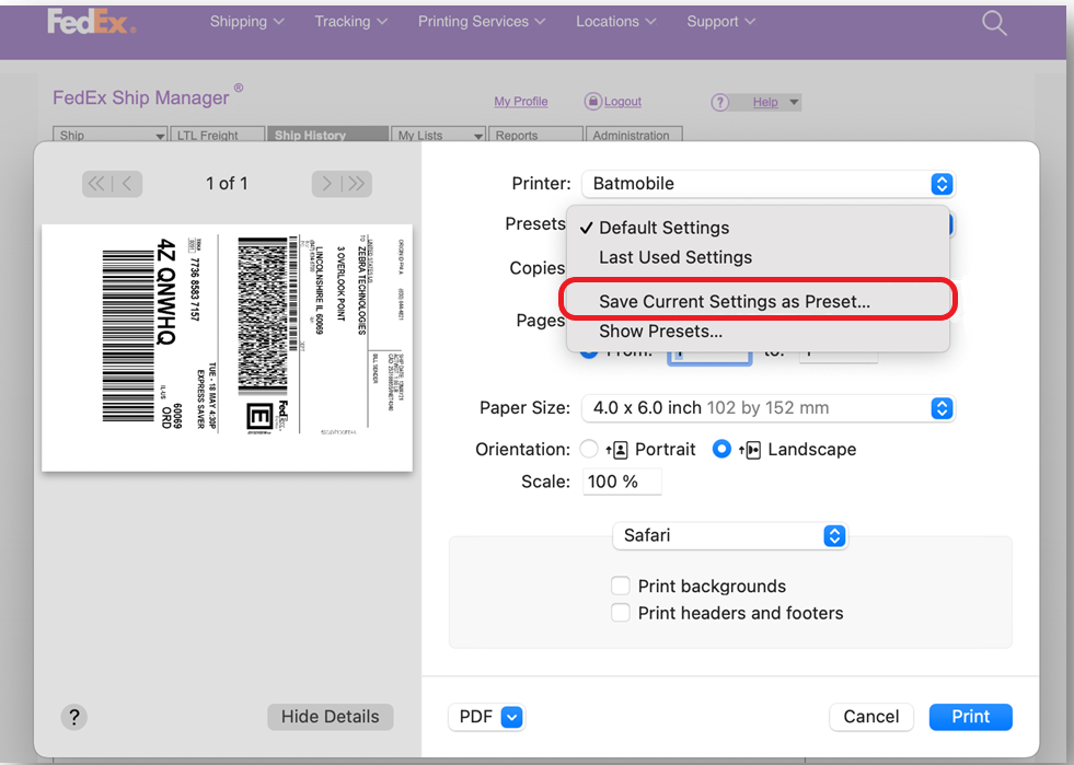 Printing 8.5”x 11” FedEx Sheets onto 4”x 6” Labels (Mozilla Firefox and ...
