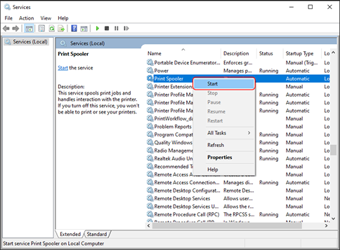 Restarting the Windows Print Spooler Service